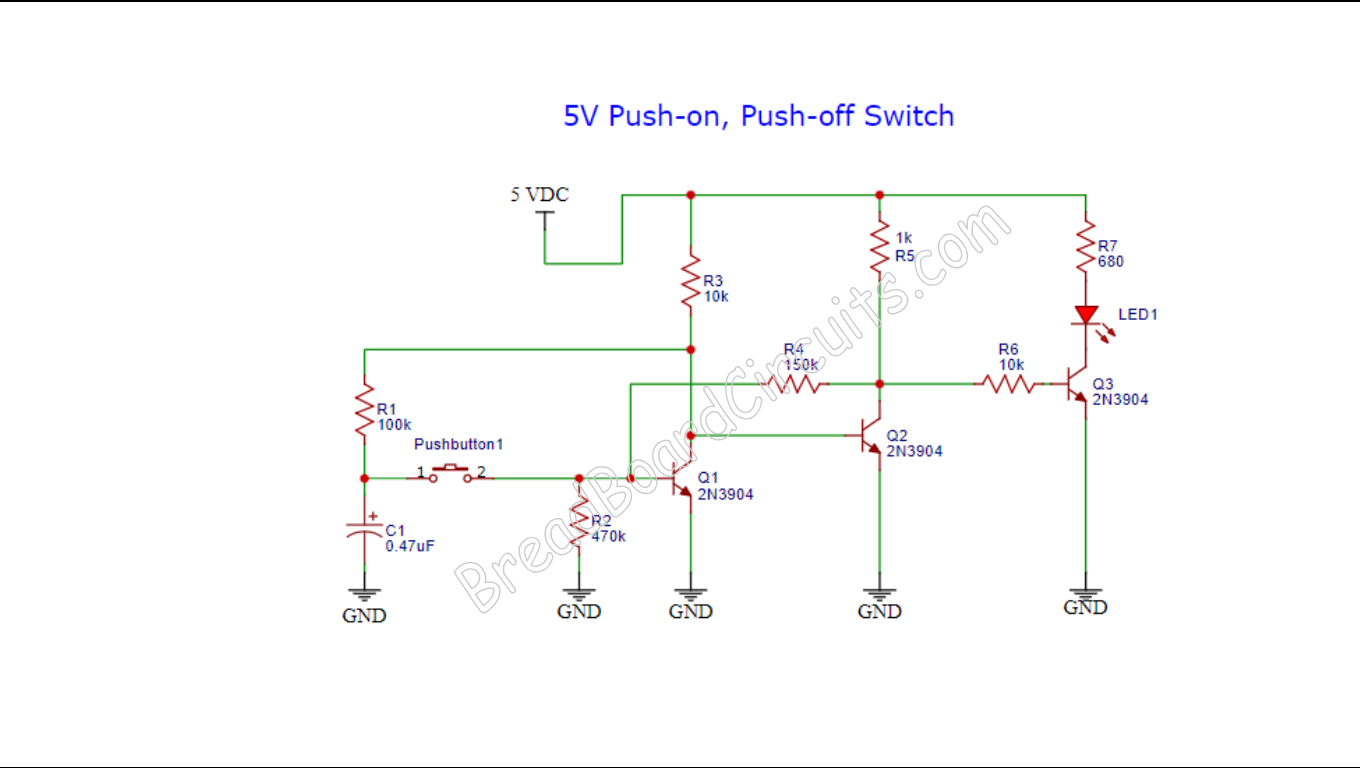 5V/USB Transistor Soft Latch - BreadBoardCircuits.com